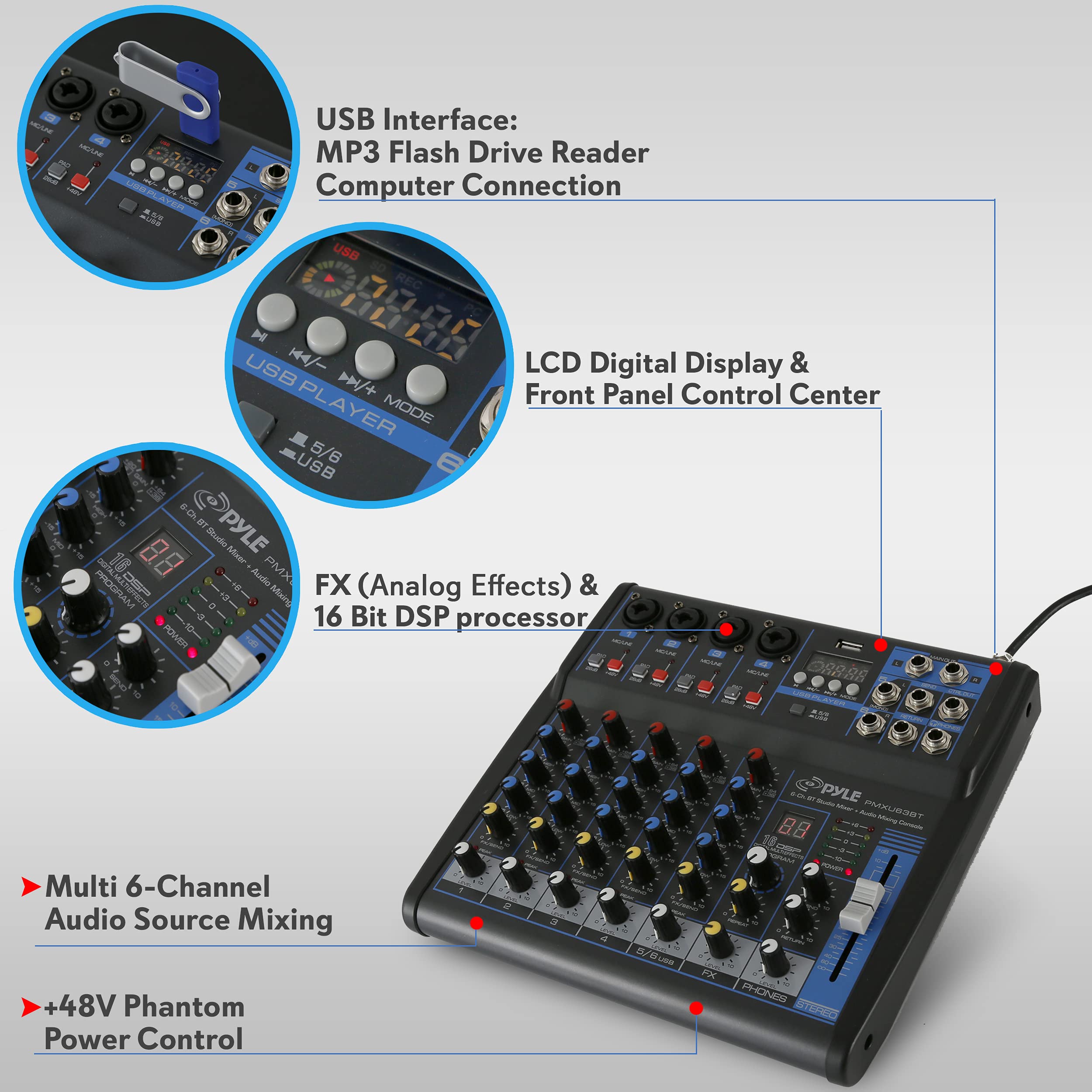 Pyle Professional Audio Mixer Sound Board Console - Desk System Interface with 6 Channel, USB, Bluetooth, Digital MP3 Computer Input, 48V Phantom Power, FX16 Bit DSP- PMXU63BT , Black