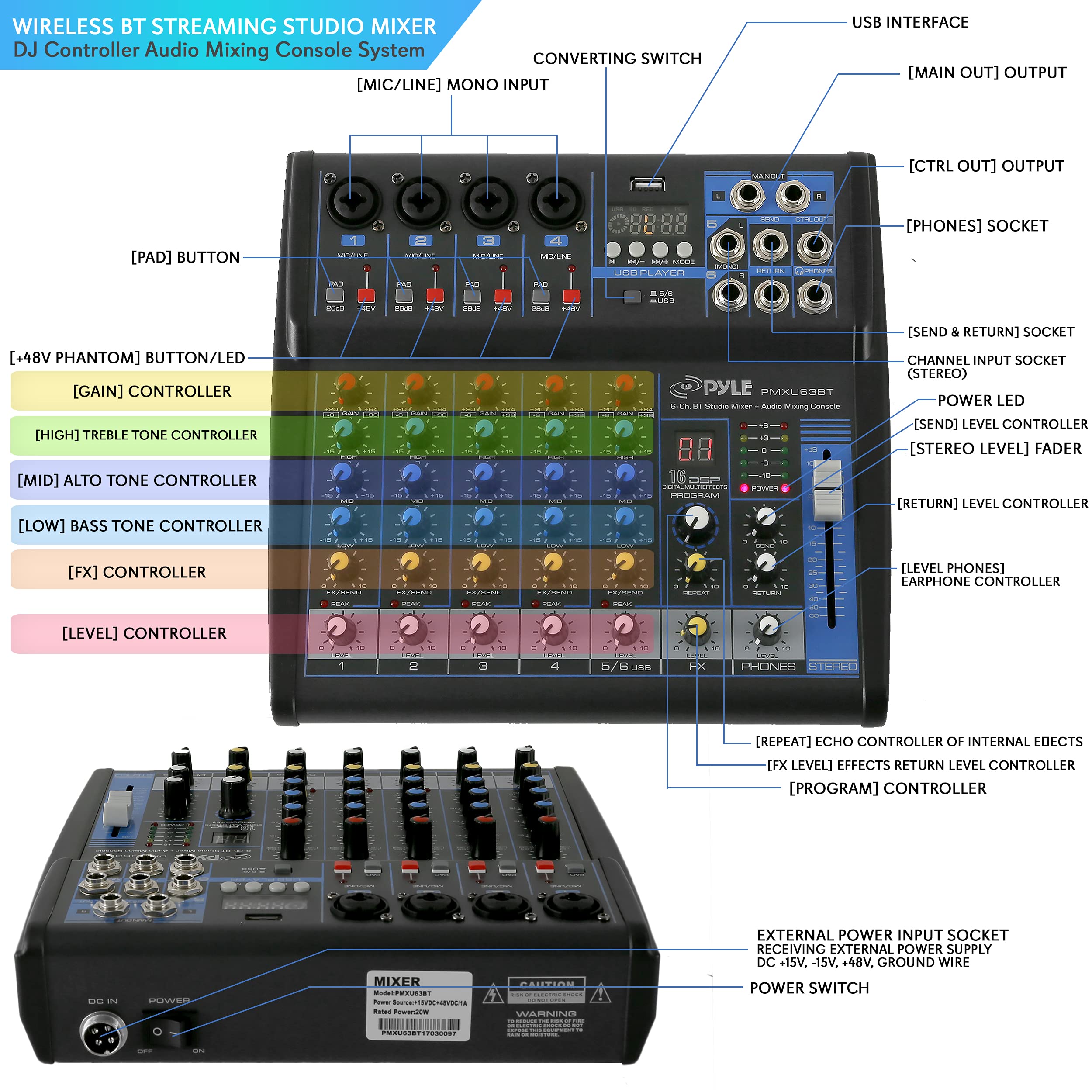 Pyle Professional Audio Mixer Sound Board Console - Desk System Interface with 6 Channel, USB, Bluetooth, Digital MP3 Computer Input, 48V Phantom Power, FX16 Bit DSP- PMXU63BT , Black