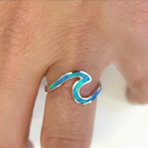 Wave Swirl Band Ring Irregular Shape Lab Created Blue Opal 925 Sterling Silver, Size-6