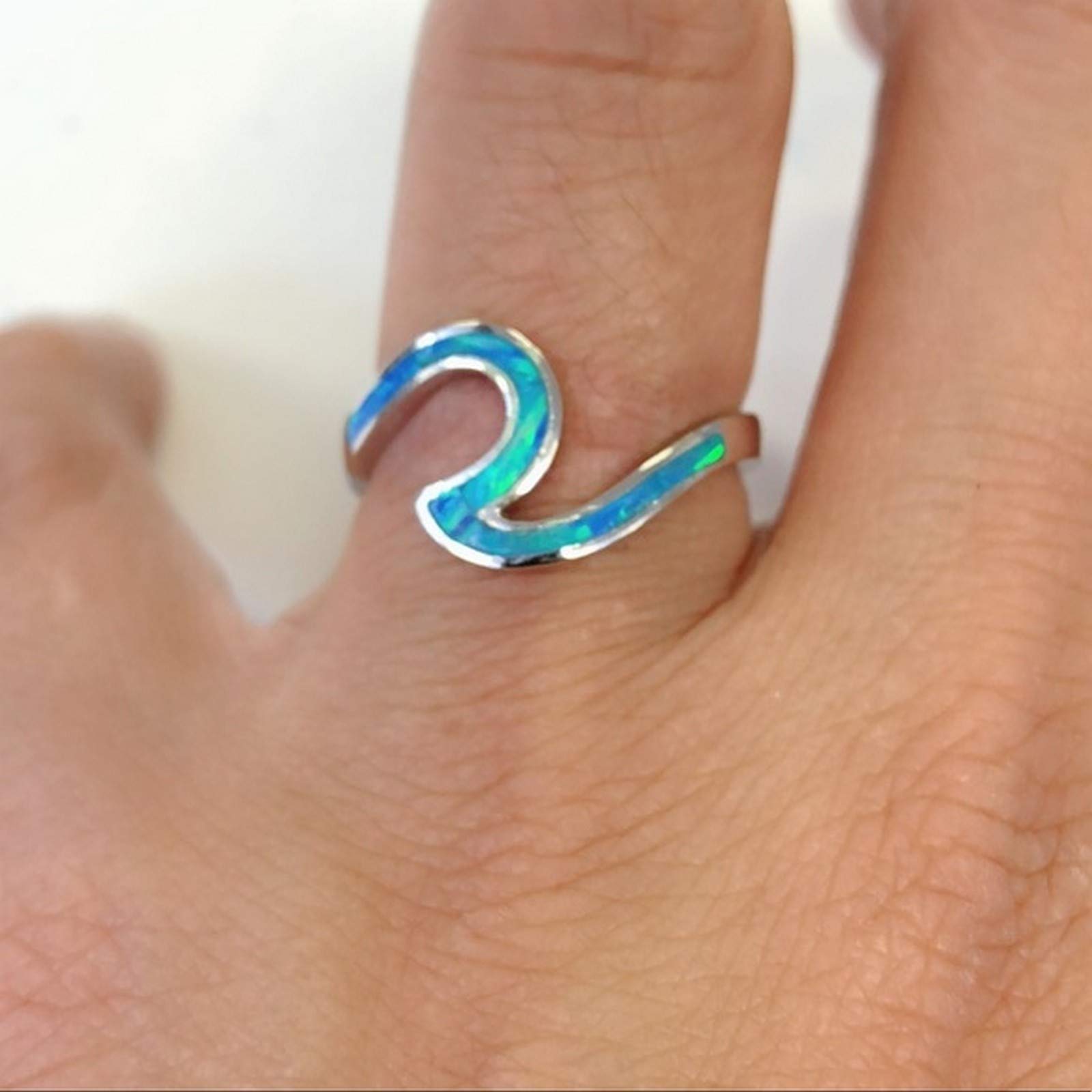 Wave Swirl Band Ring Irregular Shape Lab Created Blue Opal 925 Sterling Silver, Size-6