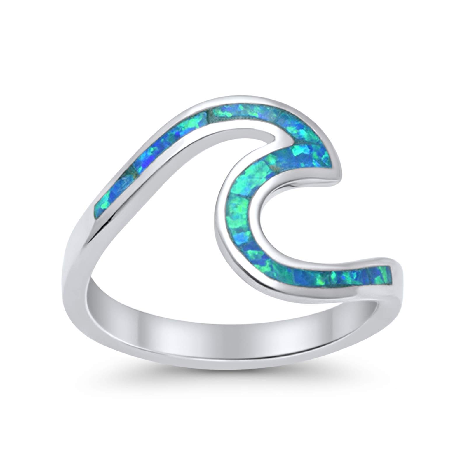 Wave Swirl Band Ring Irregular Shape Lab Created Blue Opal 925 Sterling Silver, Size-6