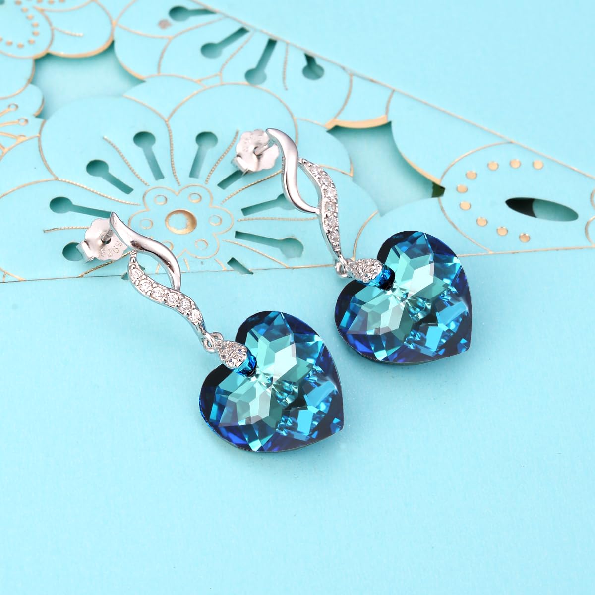 EleQueen 925 Sterling Silver CZ Love Heart Leaf Ribbon Dangle Earrings Bermuda Blue Made with Austrian Crystals