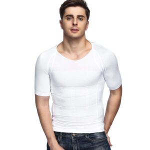 odoland men's body shaper slimming shirt tummy vest thermal compression base layer slim muscle short sleeve shapewear, white l