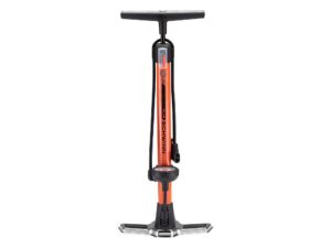 schwinn air center plus floor bike pump, pressure gauge, pumps 120 max psi, dual head fits schader and presta valve types, wide metal base, orange