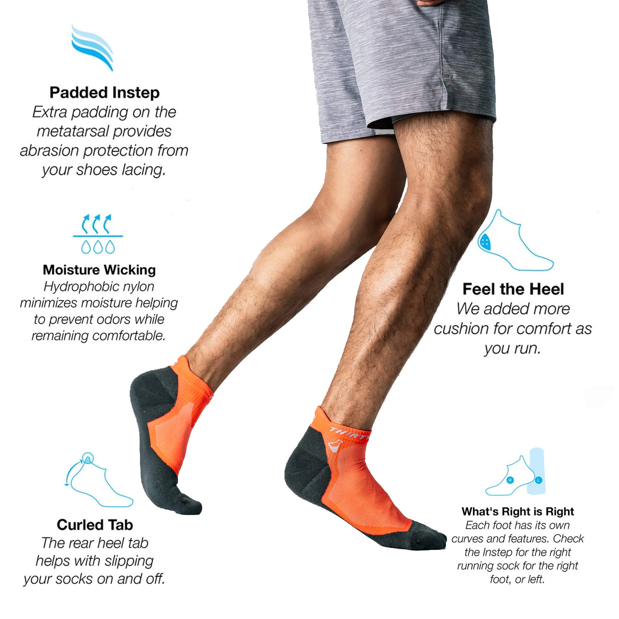 Thirty48 Ultralight Athletic Running Socks for Men and Women with Seamless Toe, Moisture Wicking, Cushion Padding (Large - Women 9-10.5 // Men 10-11.5, [3 Pairs] Orange/Gray)