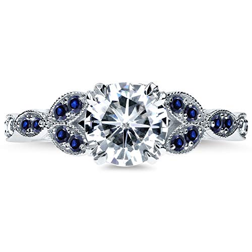 Forever One D-F Moissanite & Blue Sapphire Engagement Ring 1 1/5 Carats TW in 14k White Gold, Size 7, White Gold