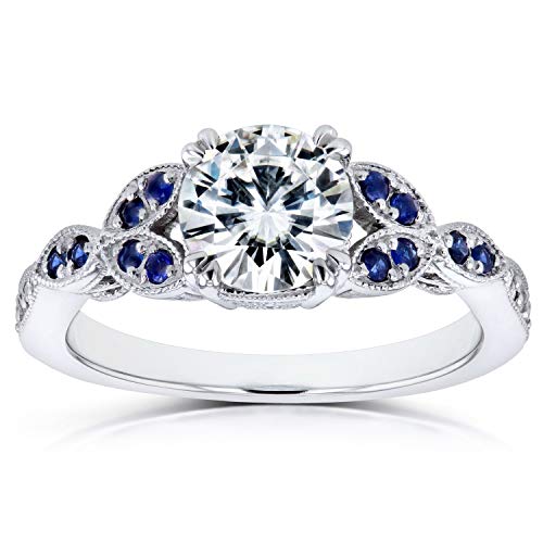 Forever One D-F Moissanite & Blue Sapphire Engagement Ring 1 1/5 Carats TW in 14k White Gold, Size 7, White Gold