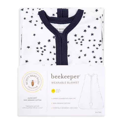 Burt's Bees Baby Baby Beekeeper Wearable Blanket, 100% Organic Cotton, Swaddle Transition Sleeping Bag, A Midnight Twinkle, Medium