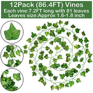 GPARK 84ft 12 Pack / 82 inch, Artificial Ivy Garland Fake Leaf Plants Vine, Hanging Leaves Garlands for Wedding Party Garden Kitchen Outdoor Greenery Wall Decor Green