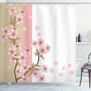 ambesonne japanese shower curtain farm house bathroom decor romantic sakura blooms flower petal spring eastern nature theme cloth fabric set with hooks for vintage floral look 69" w x 75" l sand brown