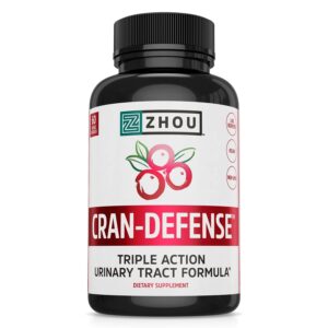 zhou nutrition cran defense, cranberry concentrate urinary tract formula, flush out impurities and healthy bladder support, 3 in 1 formula - cranberry extract, d-mannose, vitamin c, multi - 60 count