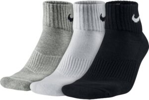 nike unisex performance cushion quarter training socks (3 pairs), black/white/grey, large