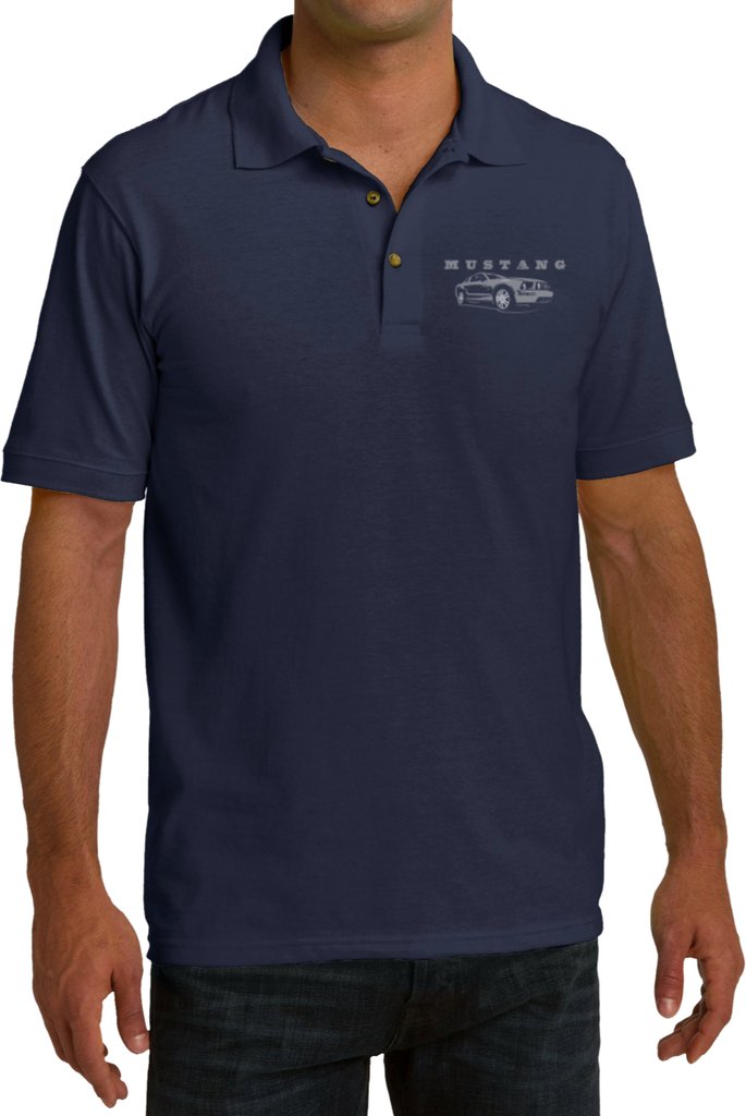 Mens Ford Mustang with Grill (Pocket Print) Pique Polo Shirt, Navy, XL