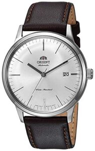 orient men's '2nd gen. bambino ver. 3' japanese automatic stainless steel and leather dress watch, color:brown (model: fac0000ew0)