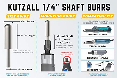 Kutzall Extreme Ball Nose Burr, 1⁄4" Shaft, Very Coarse - Woodworking Attachment for Bosch, DeWalt, Milwaukee, Makita. Abrasive Tungsten Carbide, 3⁄8" (9.5mm) Dia. X 1-1⁄2" (38.1mm) Length BNX-12X112C