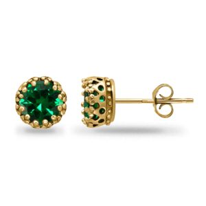 yellow gold flashed sterling silver simulated emerald crown stud earrings