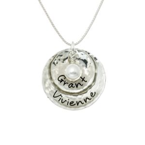 dopio personalized sterling silver necklace with 2 customizable discs. hand finished and accompanied by a swarovski pearl on a sterling silver chain. gifts for her, wife, mother, grandmother