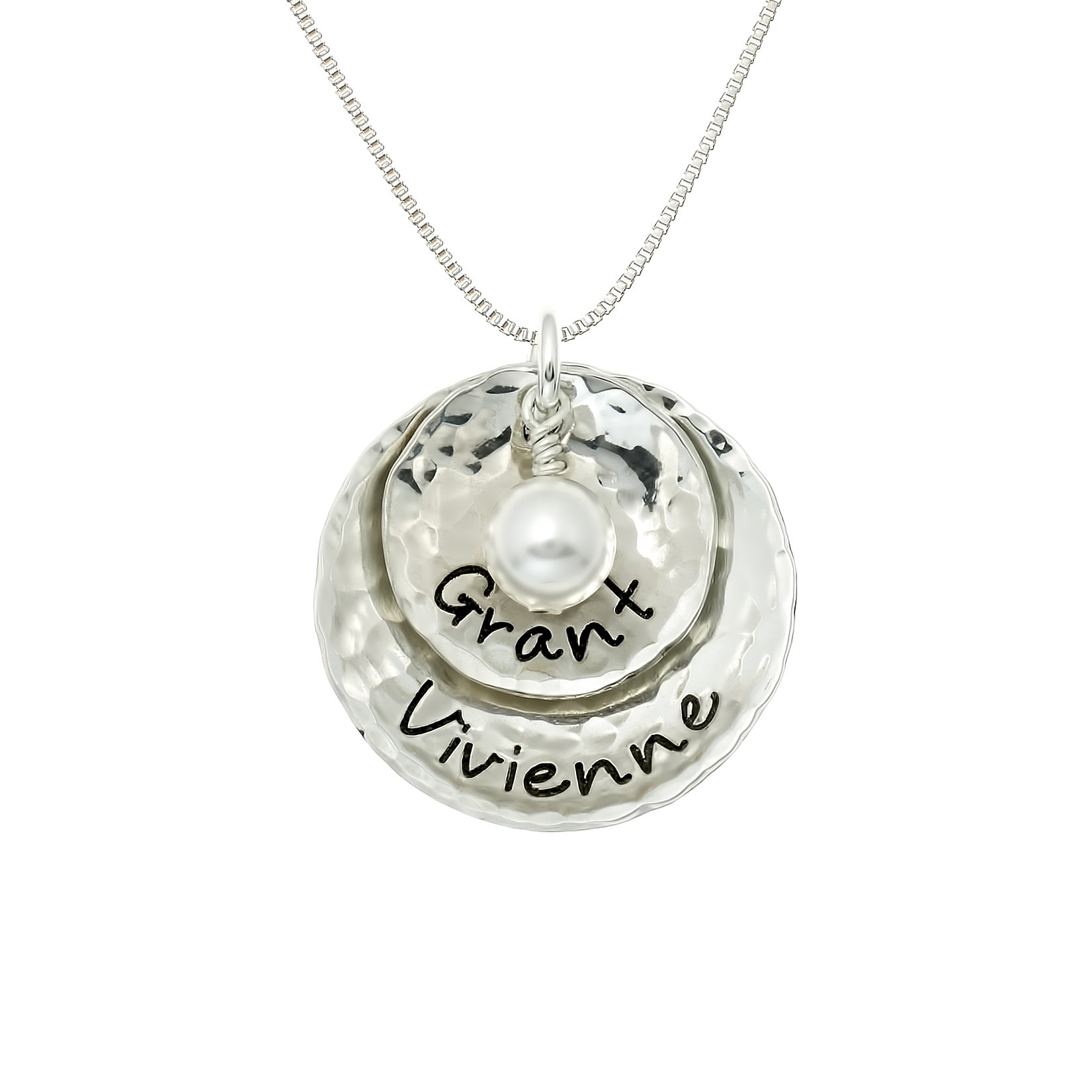 Dopio Personalized Sterling Silver Necklace with 2 Customizable Discs. Hand Finished and Accompanied by a Swarovski Pearl on a Sterling Silver Chain. Gifts for Her, Wife, Mother, Grandmother