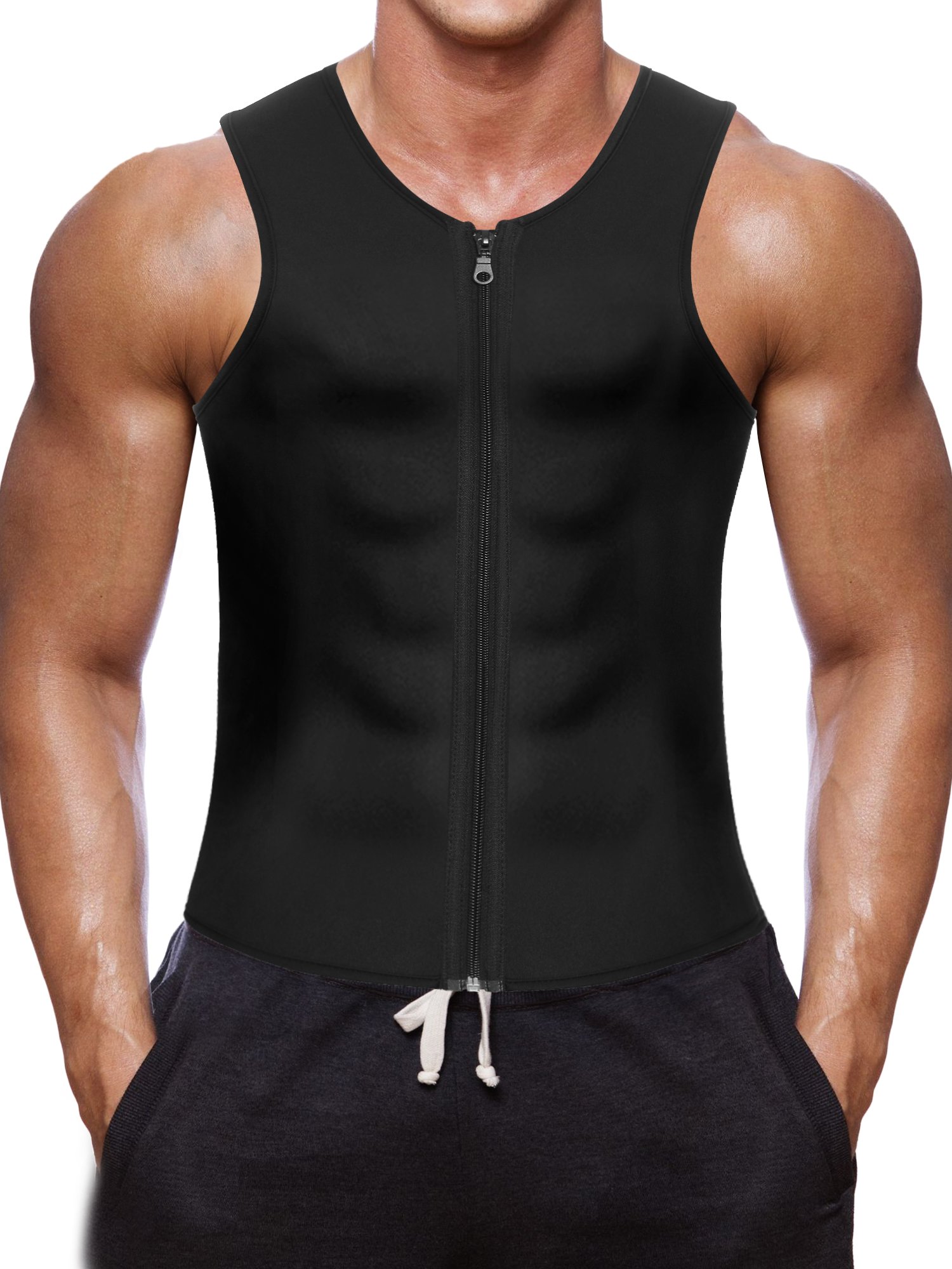 Wonderience Men Waist Trainer Vest Hot Neoprene Sauna Suit Corset Body Shaper Zipper Tank Top Workout Shirt(Black, X-Large)