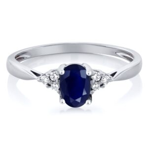 Gem Stone King 14K White Gold Blue Sapphire and White Diamond Engagement Ring For Women | 0.61 Cttw | Wedding Anniversary Promise Ring For Women | Available 5,6,7,8,9 (Size 5)