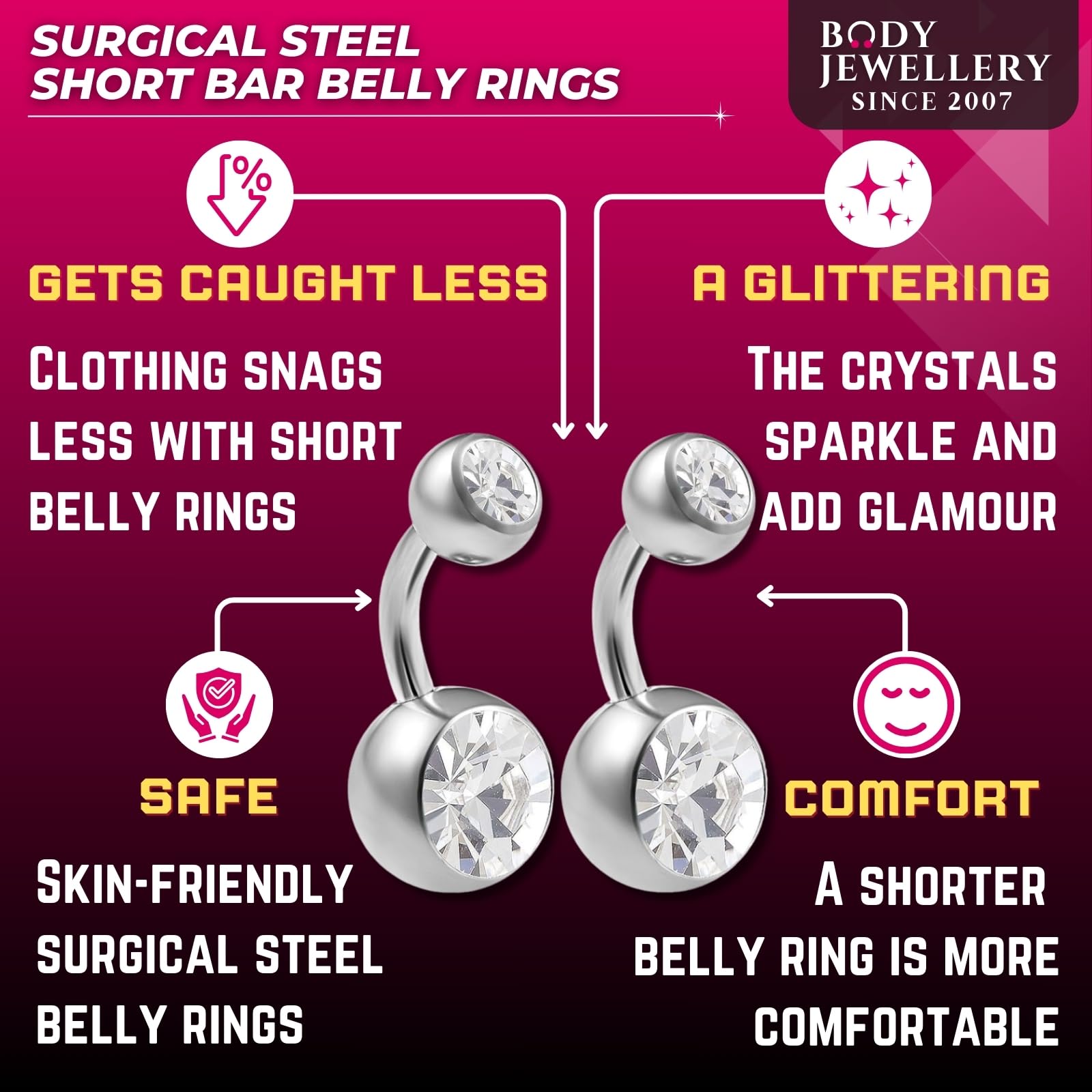 bodyjewellery 2pcs 14g Implant Grade Surgical Steel Double Crystal Short Navel Belly Button Ring 6mm1/4 14 gauge pick color(s)