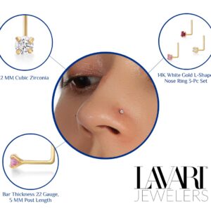 Lavari Jewelers 22 Gauge L-Shape Nose Ring Set for Women I 2mm White, Pink, and Red Cubic Zirconia Nose Ring I 14k Yellow Gold Nostril Piercing I 22G Hypoallergenic Unisex Stud I CZ Body Jewelry