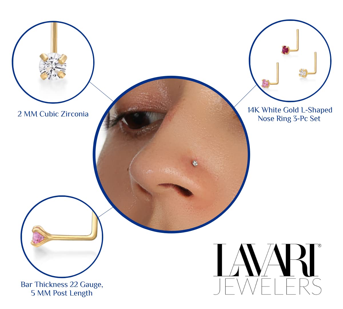 Lavari Jewelers 22 Gauge L-Shape Nose Ring Set for Women I 2mm White, Pink, and Red Cubic Zirconia Nose Ring I 14k Yellow Gold Nostril Piercing I 22G Hypoallergenic Unisex Stud I CZ Body Jewelry