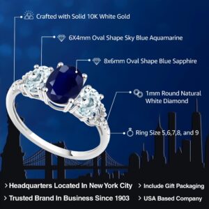 Gem Stone King 2.70 Cttw 10K White Gold Oval Blue Sapphire Sky Blue Aquamarine and Diamond Accent 3-Stone Engagement Ring | 3 Stone Wedding Anniversary Promise Ring For Women (Size 7)