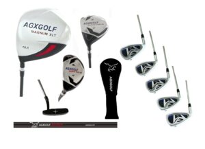 agxgolf men's senior left hand tall length (+1 inch) magnum xs complete golf club set 460cc driver, fairway wood, 3 hybrid iron 5-9 irons + pw + putter + built in the usa