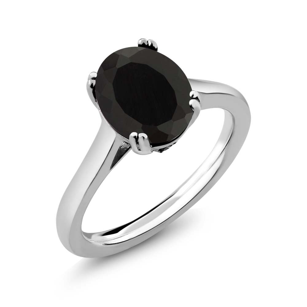 Gem Stone King 925 Sterling Silver Black Onyx and White Diamond Women's Ring (3.03 Cttw Oval) (Size 5)