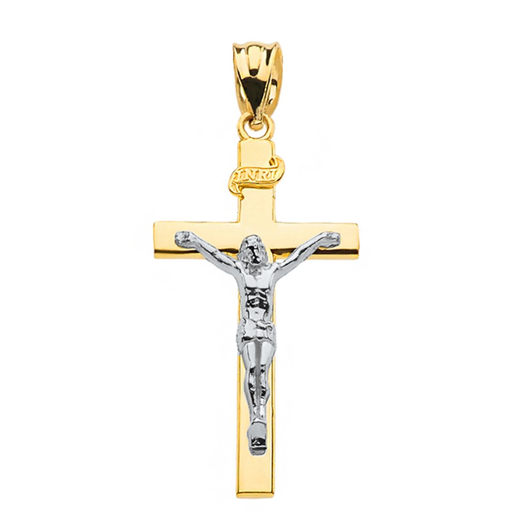 Solid 14k Two-Tone Gold Cross INRI Crucifix Charm Pendant (1.60")