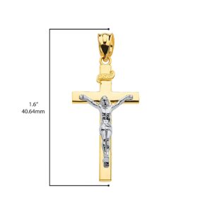 Solid 14k Two-Tone Gold Cross INRI Crucifix Charm Pendant (1.60")