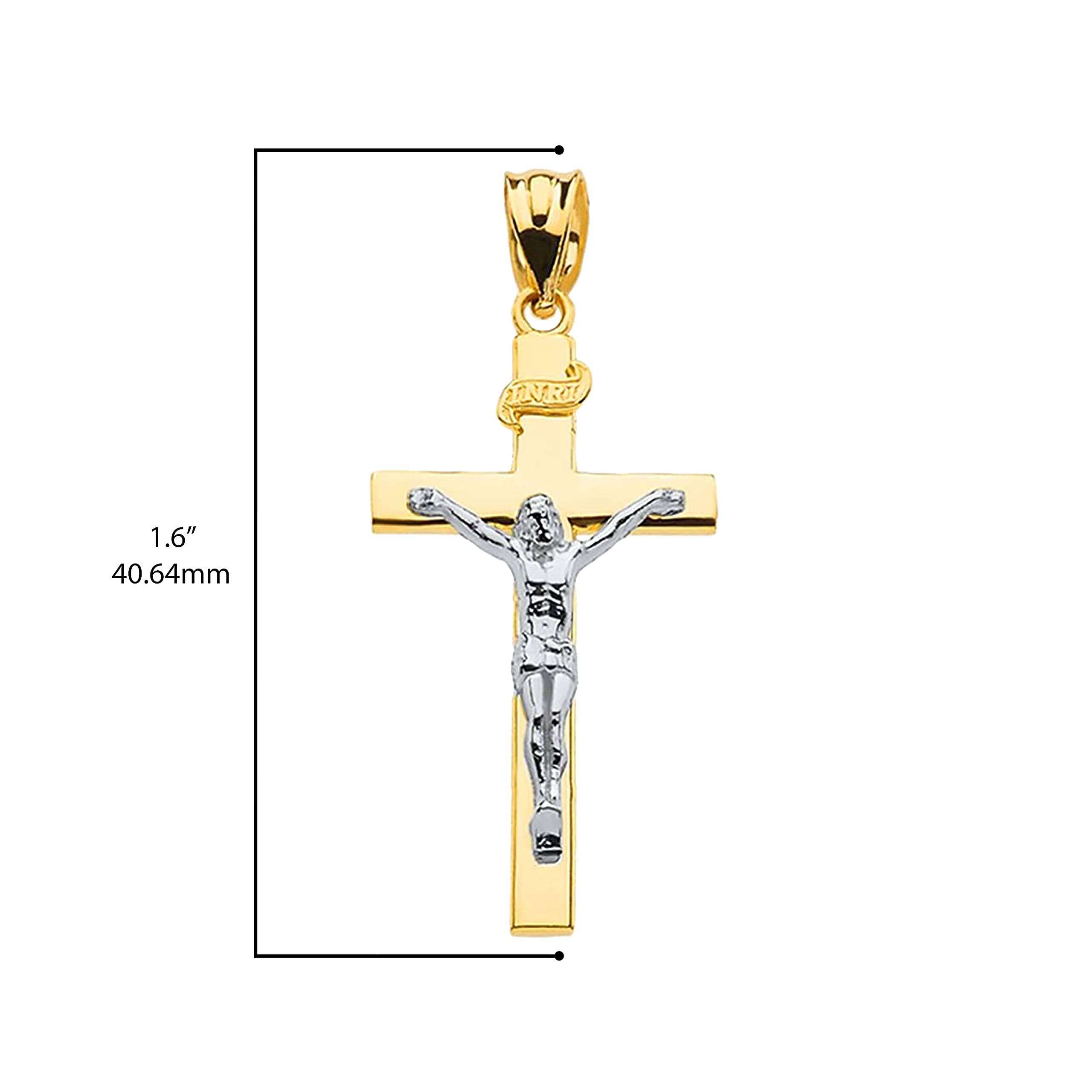 Solid 14k Two-Tone Gold Cross INRI Crucifix Charm Pendant (1.60")