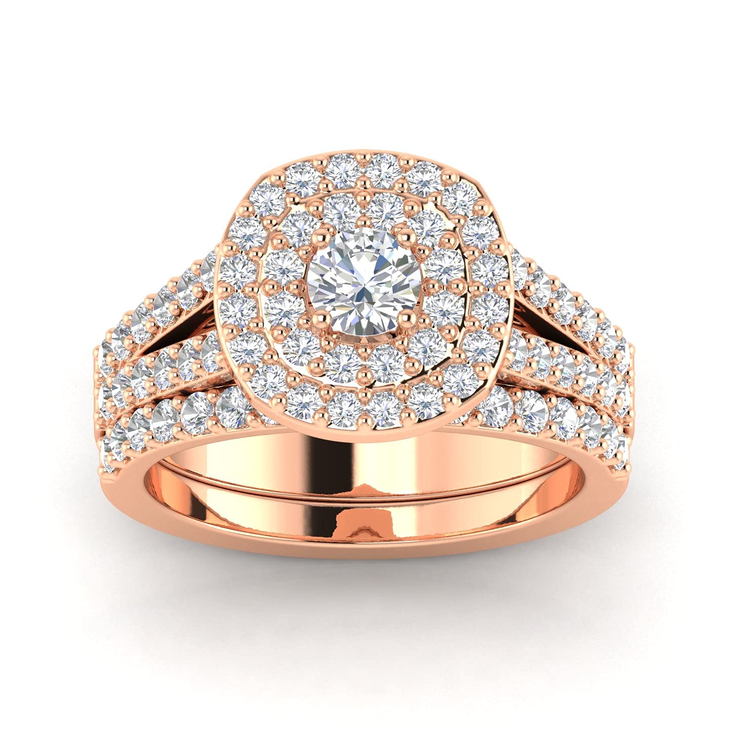 2.00ct Cushion Halo Diamond Engagement Wedding Ring Set 10K Rose Gold (H-I, I2-I3)