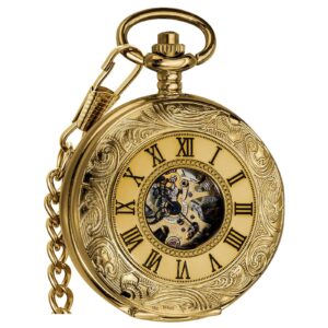 vigoroso mens pocket watch with chain half hunter double cover skeleton mechanical watches gold roman numeral in box