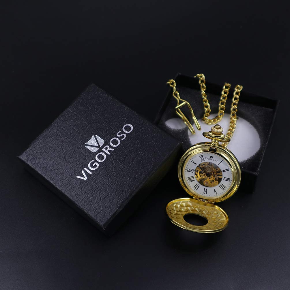 VIGOROSO Mens Pocket Watch with Chain Half Hunter Double Cover Skeleton Mechanical Watches Gold Roman Numeral in Box