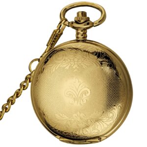 VIGOROSO Mens Pocket Watch with Chain Half Hunter Double Cover Skeleton Mechanical Watches Gold Roman Numeral in Box