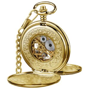 VIGOROSO Mens Pocket Watch with Chain Half Hunter Double Cover Skeleton Mechanical Watches Gold Roman Numeral in Box