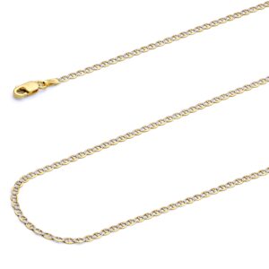 14k REAL Two Tone Gold Solid 2mm Flat Mariner White Pave Chain Necklace with Lobster Claw Clasp - 20"