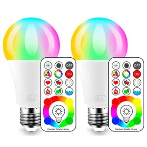 ilc led color changing light bulb, 120 colors, 5700k daylight white, 70 watt equivalent with remote control rgbw rgb daylight and white – timing function - a19 e26 edison screw (2 pack)