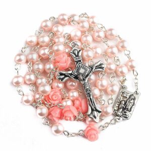 nazareth store catholic pink pearl beads rosary necklace our rose flowers, lourdes medal & cross ns