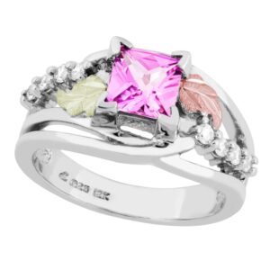 princess-cut created pink sapphire and cz ring, sterling silver, 12k green and rose gold black hills gold motif, size 8.25