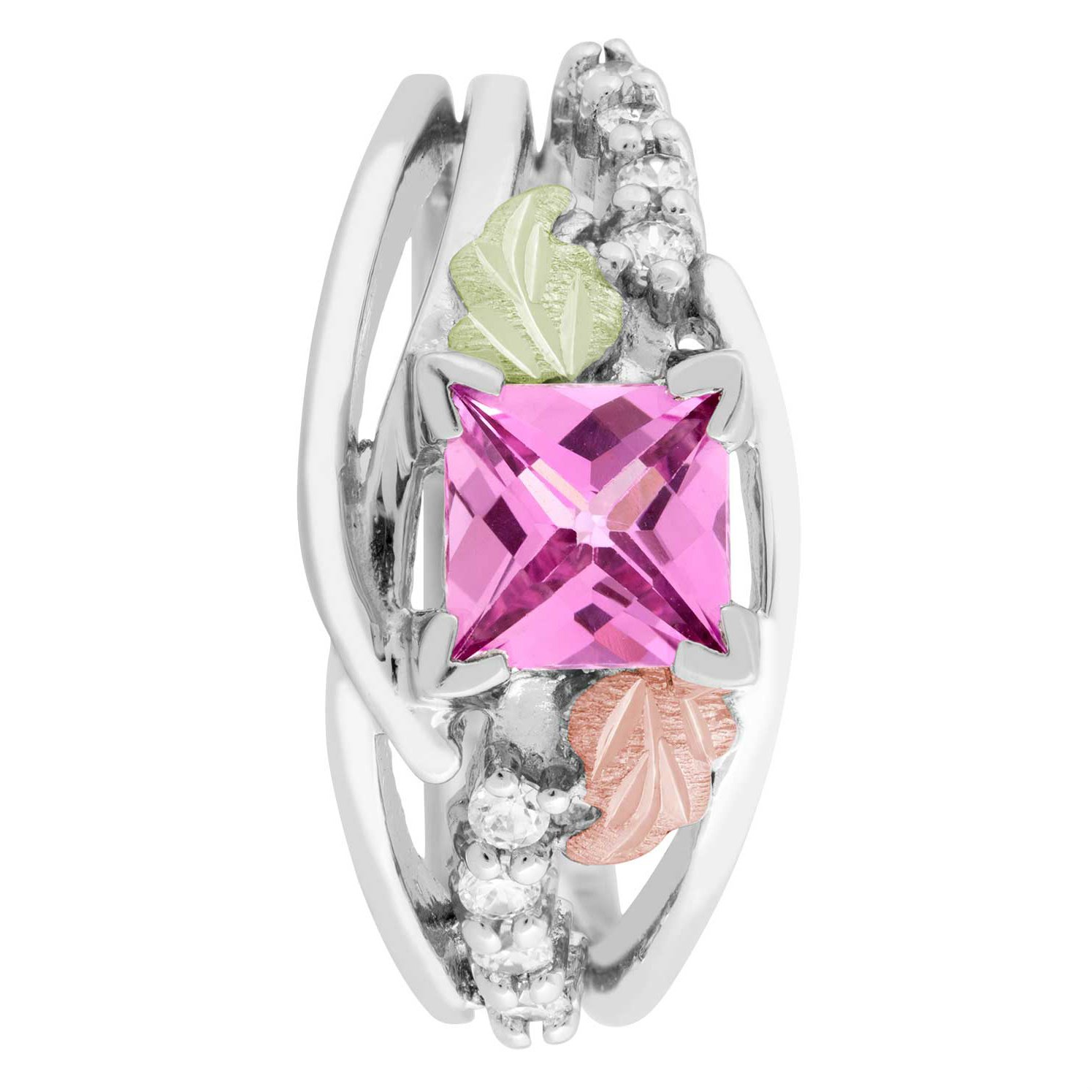 Princess-Cut Created Pink Sapphire and CZ Ring, Sterling Silver, 12k Green and Rose Gold Black Hills Gold Motif, Size 8.25