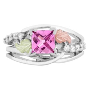 Princess-Cut Created Pink Sapphire and CZ Ring, Sterling Silver, 12k Green and Rose Gold Black Hills Gold Motif, Size 8.25