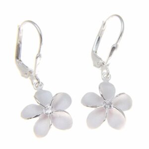 Sterling silver 925 Hawaiian plumeria flower cz leverback earrings 15mm