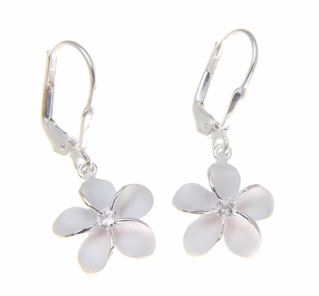 Sterling silver 925 Hawaiian plumeria flower cz leverback earrings 15mm