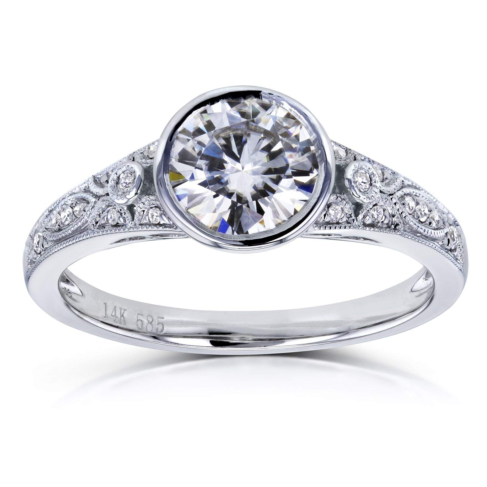 Kobelli Round Moissanite Bezel Vintage Style Engagement Ring 1 CTW in 14k White Gold, Size 7, White Gold