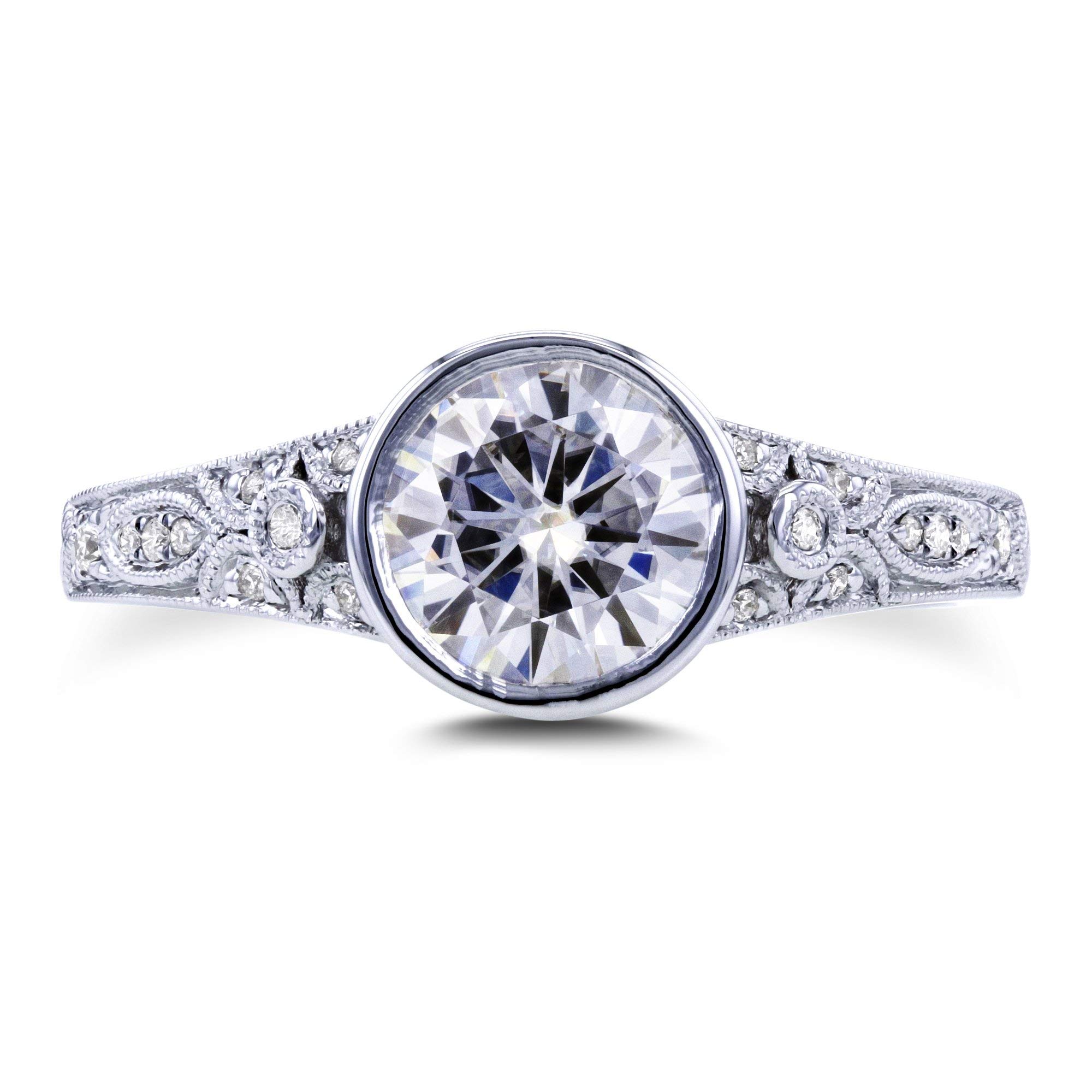 Kobelli Round Moissanite Bezel Vintage Style Engagement Ring 1 CTW in 14k White Gold, Size 7, White Gold