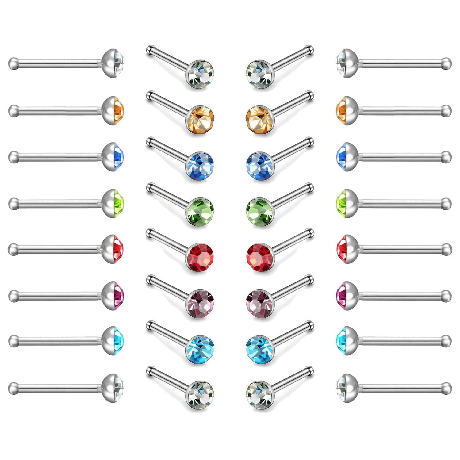 Evevil 60pcs Small Nose Studs Stainless Steel CZ Nose Piercing Jewelry Tiny Bone Studs for Women Men Hypoallergenic (1.5mm, Multi-Color CZ,22G)