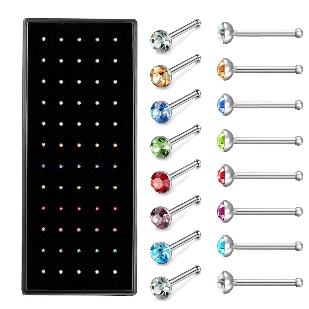 Evevil 60pcs Small Nose Studs Stainless Steel CZ Nose Piercing Jewelry Tiny Bone Studs for Women Men Hypoallergenic (1.5mm, Multi-Color CZ,22G)